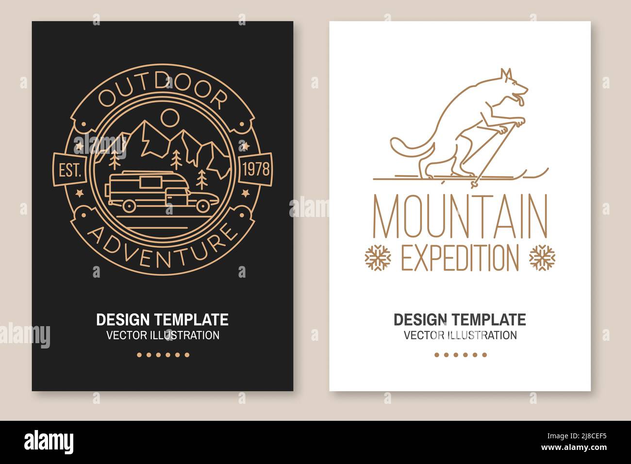 Set of Line art flyer, brochure, banner, poster with camper trailer and ...