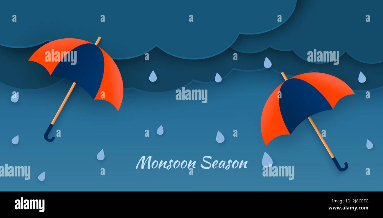 Monsoon sale offer banner template header with paper cut clouds and ...