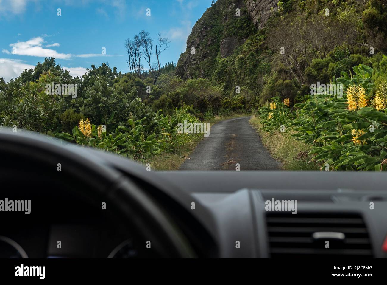 Landscape view from inside car windshield over a secondary old ...
