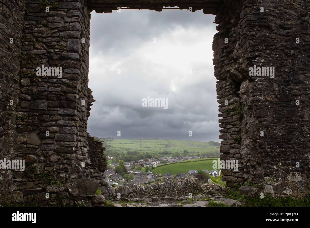 View of the landscape through Kendal Castle window Stock Photo - Alamy