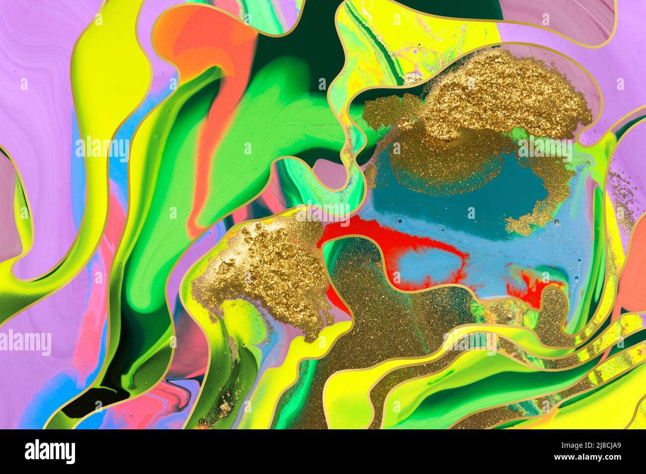 Gold dust and waves on fluorescent inks background Stock Photo - Alamy