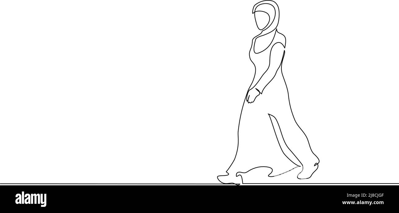 Muslim hijab strong woman walking. Continuous one line drawing. Vector ...
