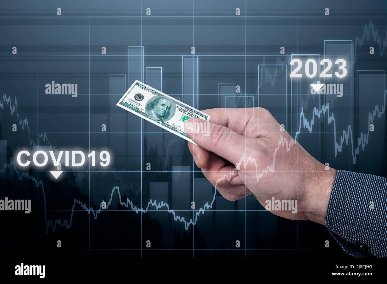 inflation. man holds small one hundred dollar bill in his hand ...