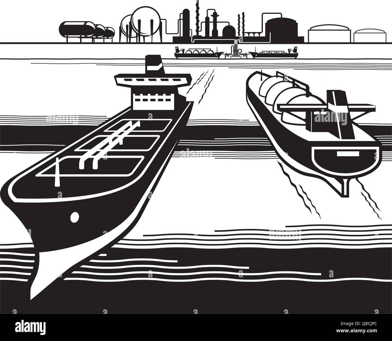 Tankers sailing to petroleum refinery sea export terminal - vector ...
