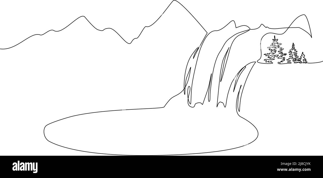 Continuous one line drawing. Landscape with mountains, waterfall and ...