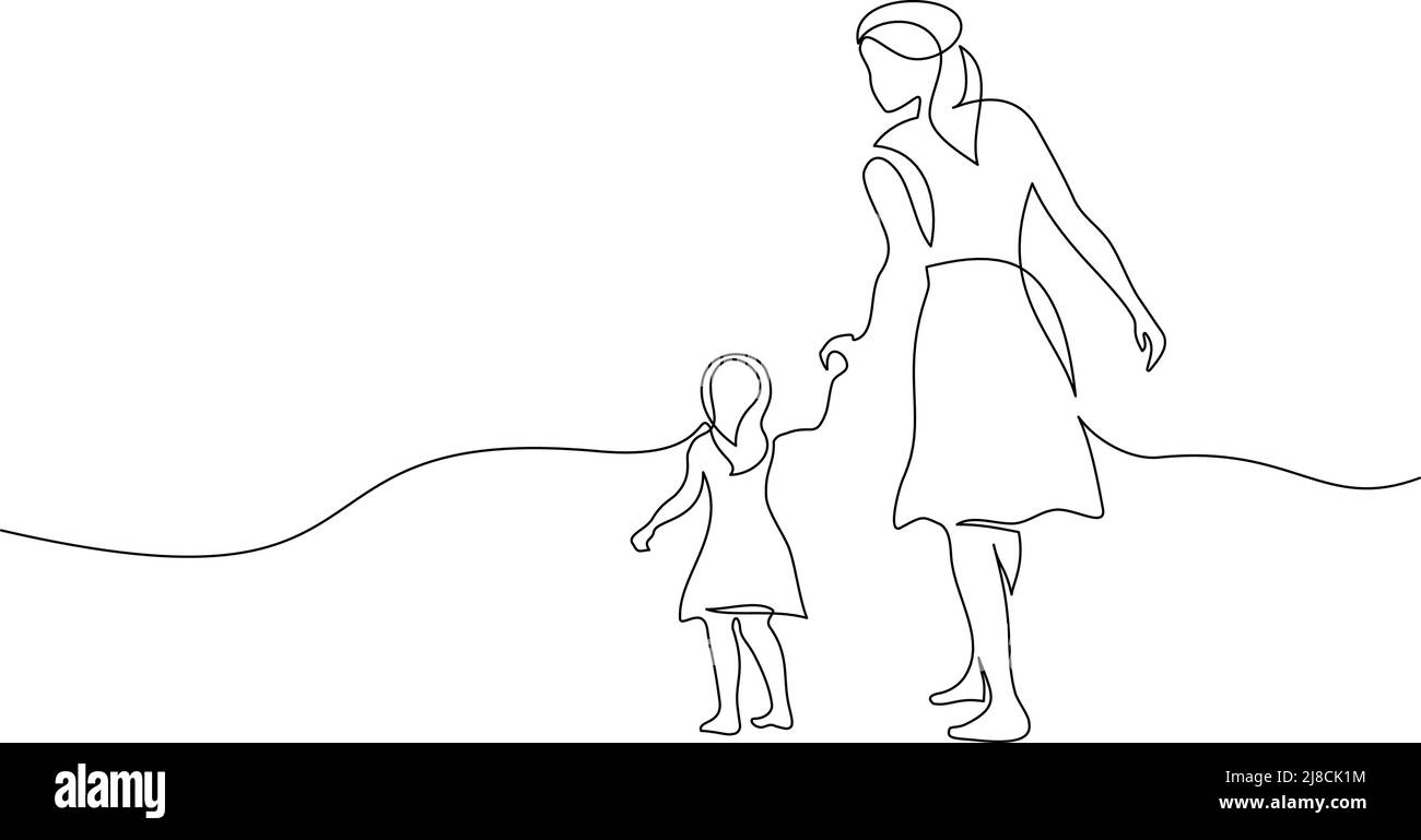Continuous one line drawing. Mother and daughter walking together. Vector illustration Stock ...