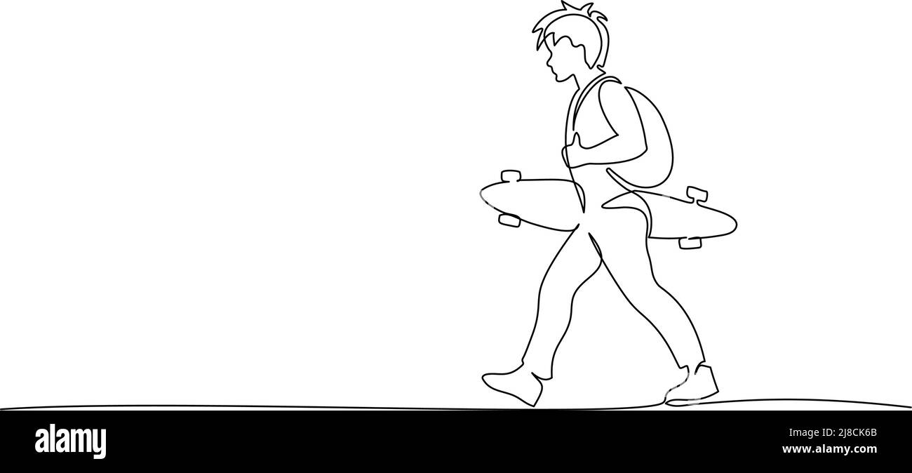 Continuous one line drawing. Young boy walking boy with a long board ...