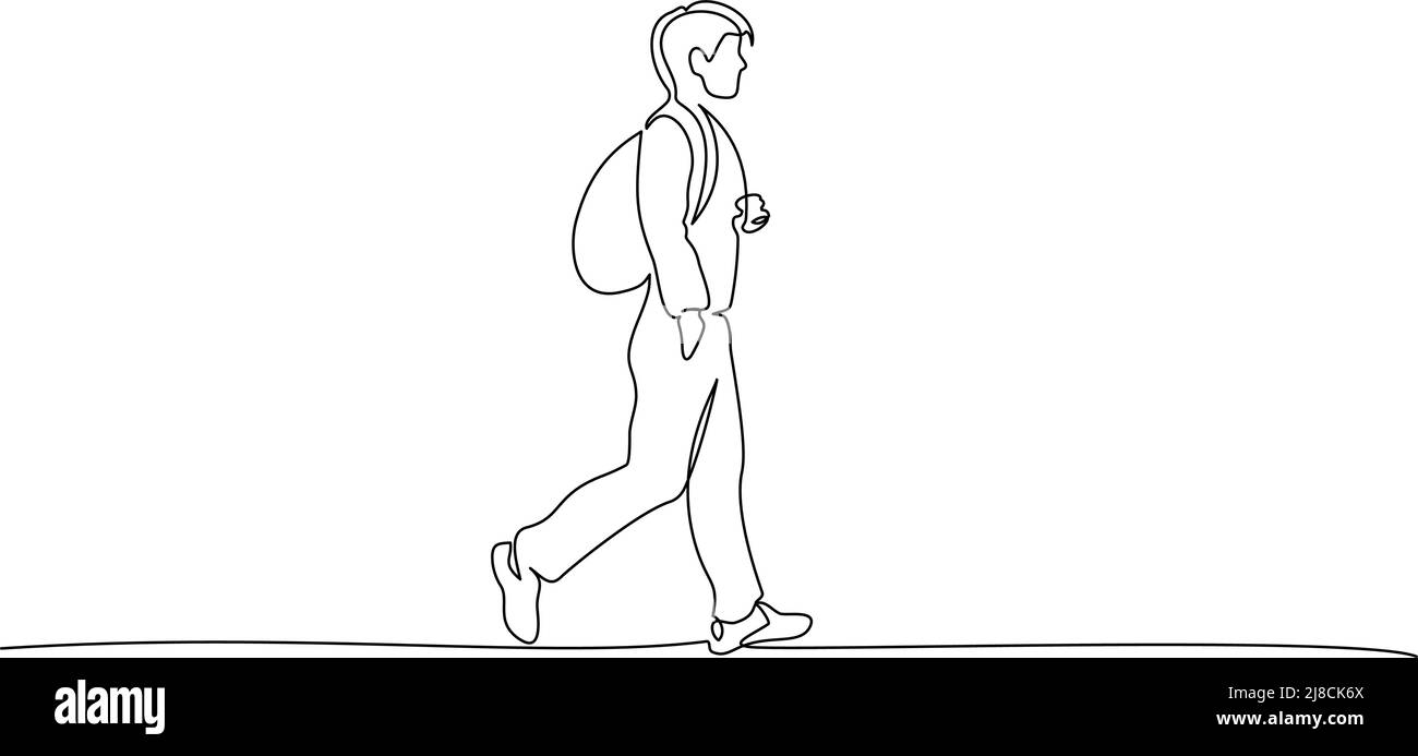 Continuous one line drawing. Young man walking on street with backpack ...