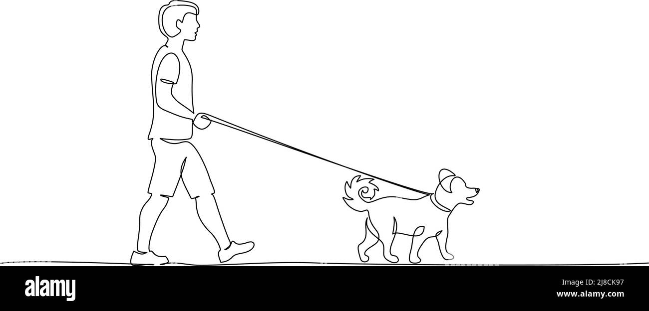 Continuous one line drawing. Young holding dog leash in walking. Vector ...