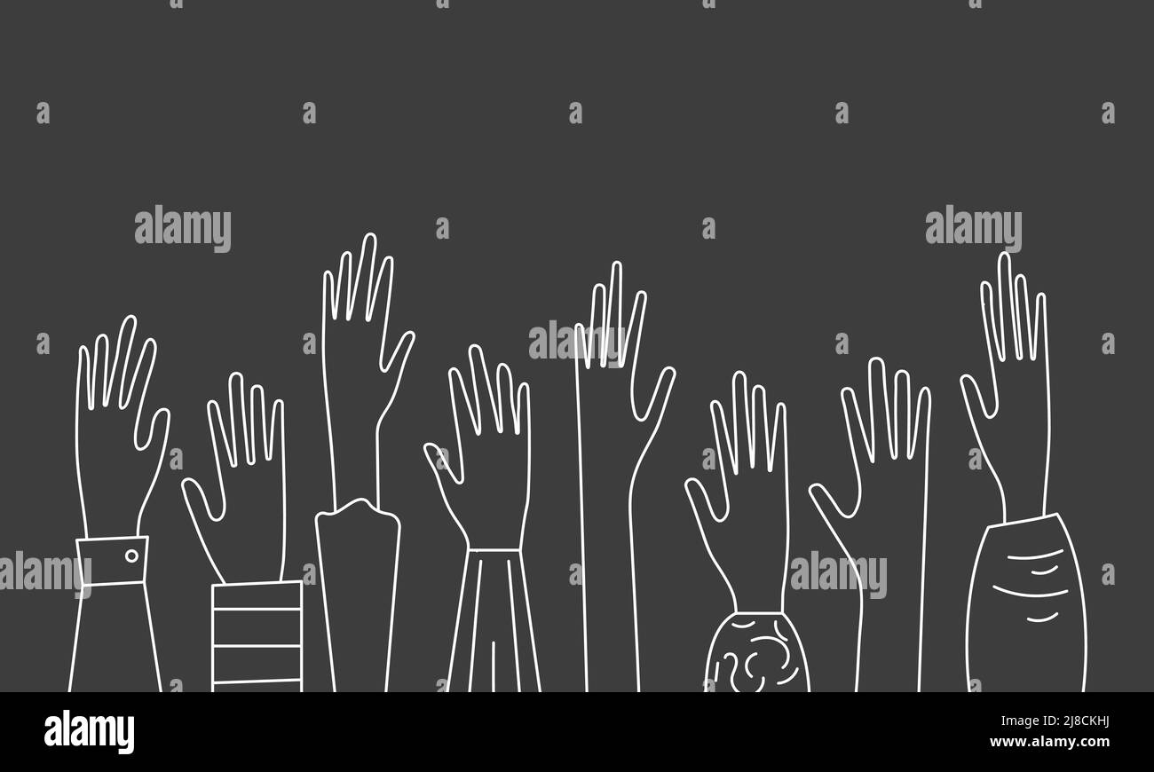 Hands raised up, crowd concept. Holiday, funny people. Hand drawn hands ...