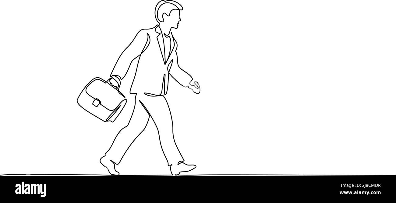 Continuous one line drawing. Young man walking on street with briefcase ...