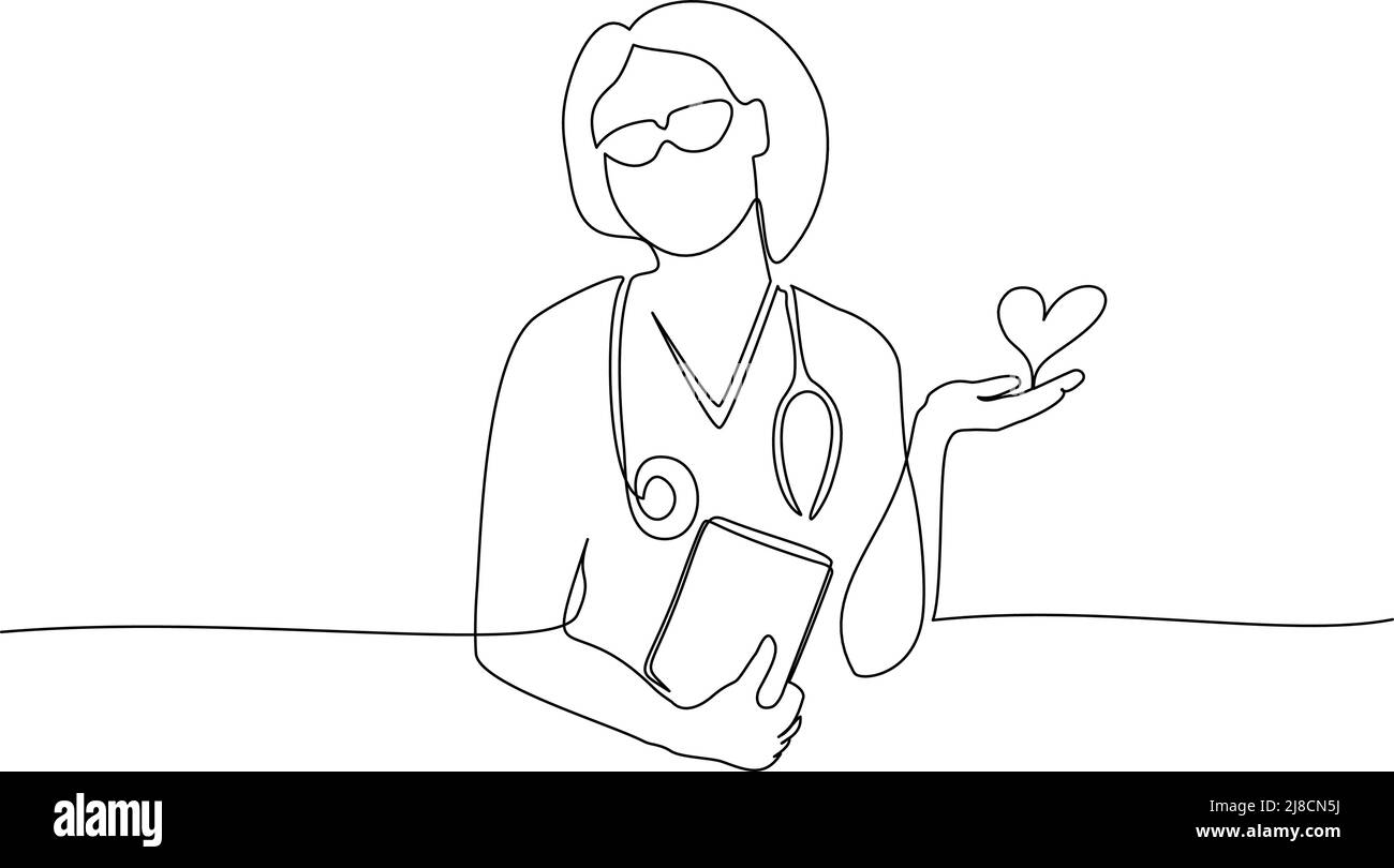 Continuous one line drawing. Doctor therapist woman in medical uniform ...