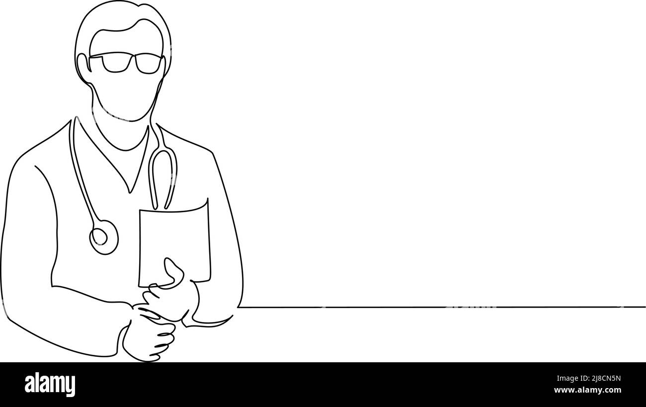 Continuous one line drawing. Doctor therapist man in medical uniform ...
