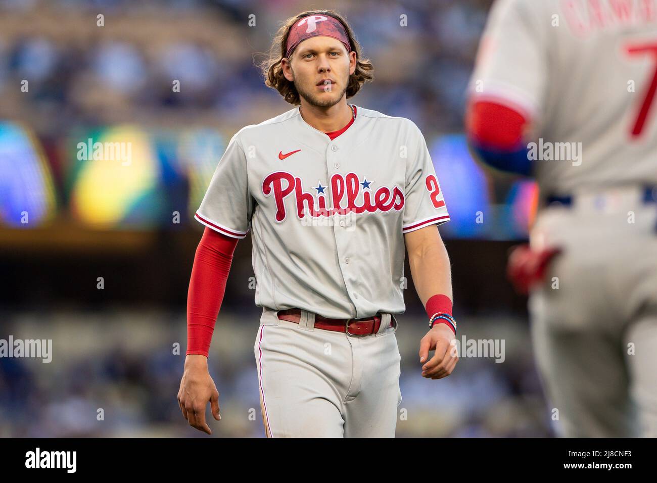 Philadelphia Phillies third baseman Alec Bohm (28) looks on during a ...