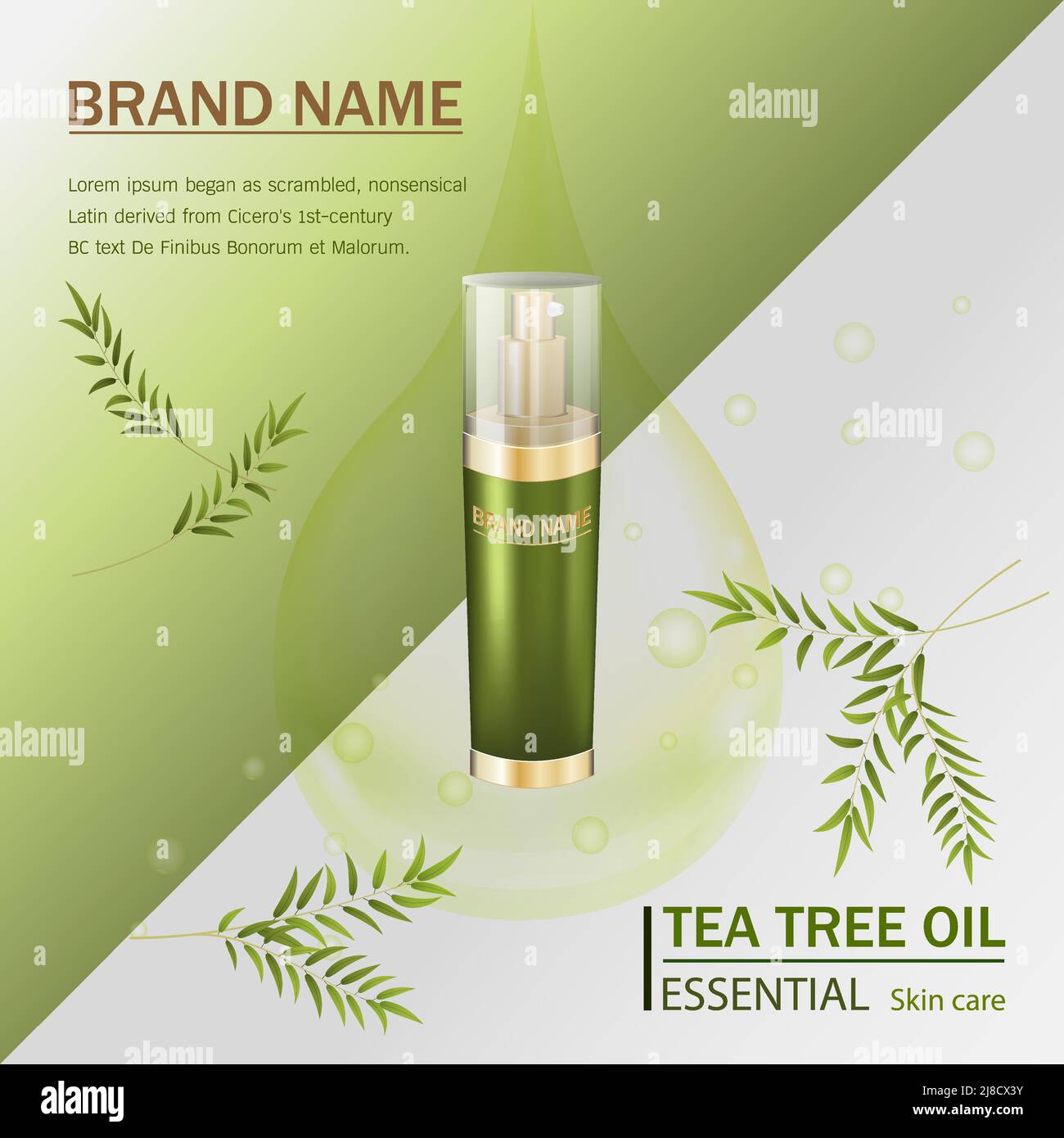 Tea tree oil drop of essential oil. Cosmetic background with bottle ...
