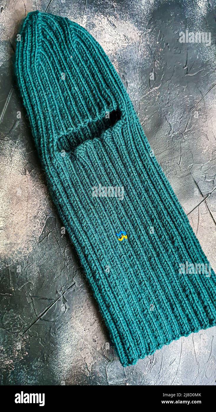 Handmade balaclava with Ukrainian symbols. Knitted from gray and green ...