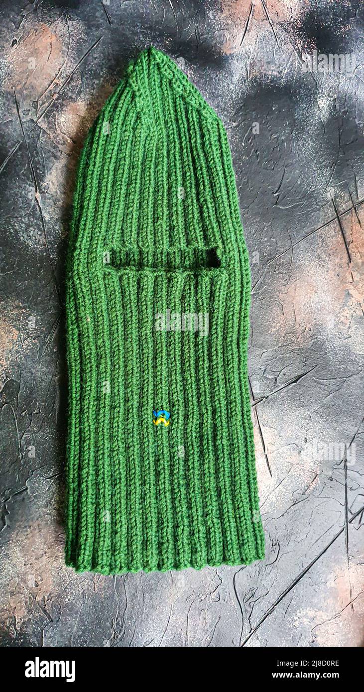 Handmade balaclava with Ukrainian symbols. Knitted from gray and green ...