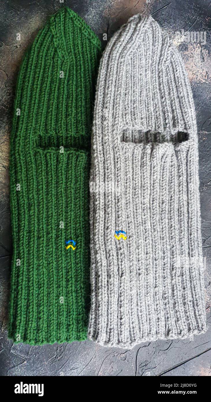 Handmade balaclava with Ukrainian symbols. Knitted from gray and green ...