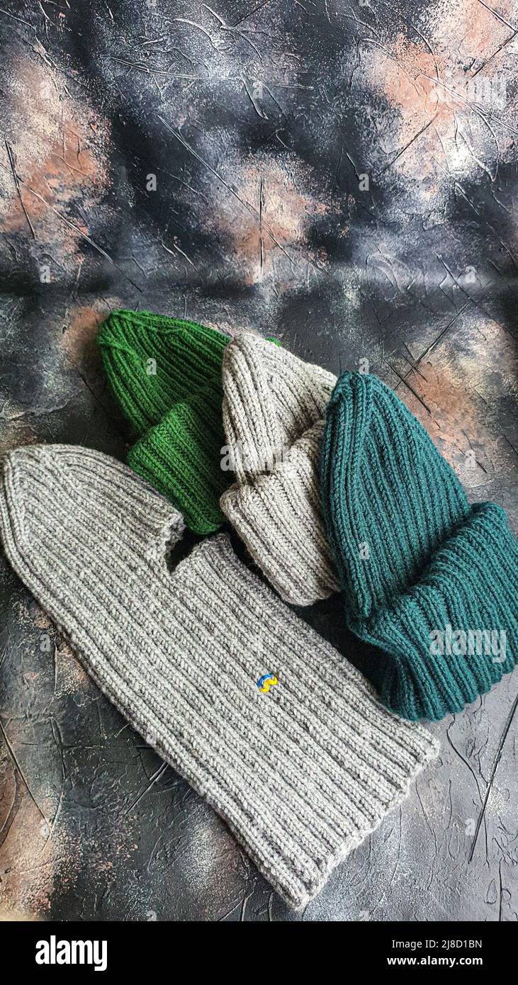 Handmade balaclava with Ukrainian symbols. Knitted from gray and green ...
