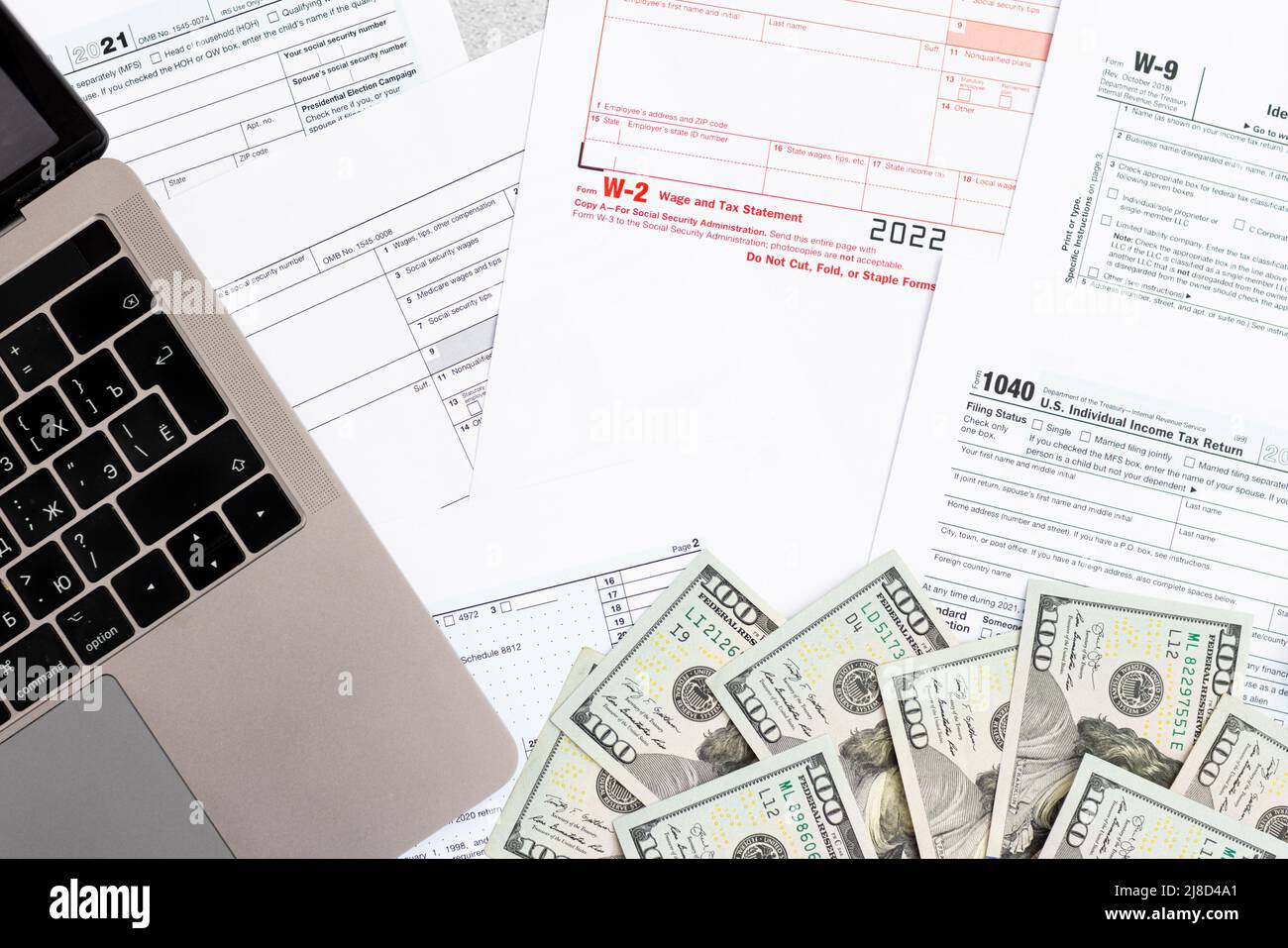 Flat lay of Individual income tax return form for tax payment on ...