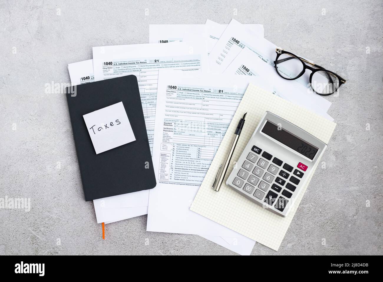 Flat lay of Individual income tax return form for tax payment on ...