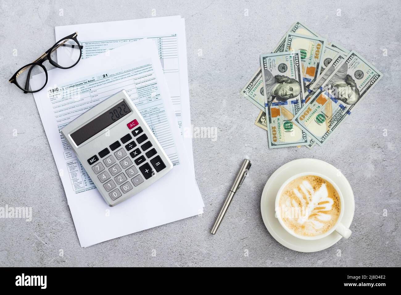 Flat lay of Individual income tax return form for tax payment on ...