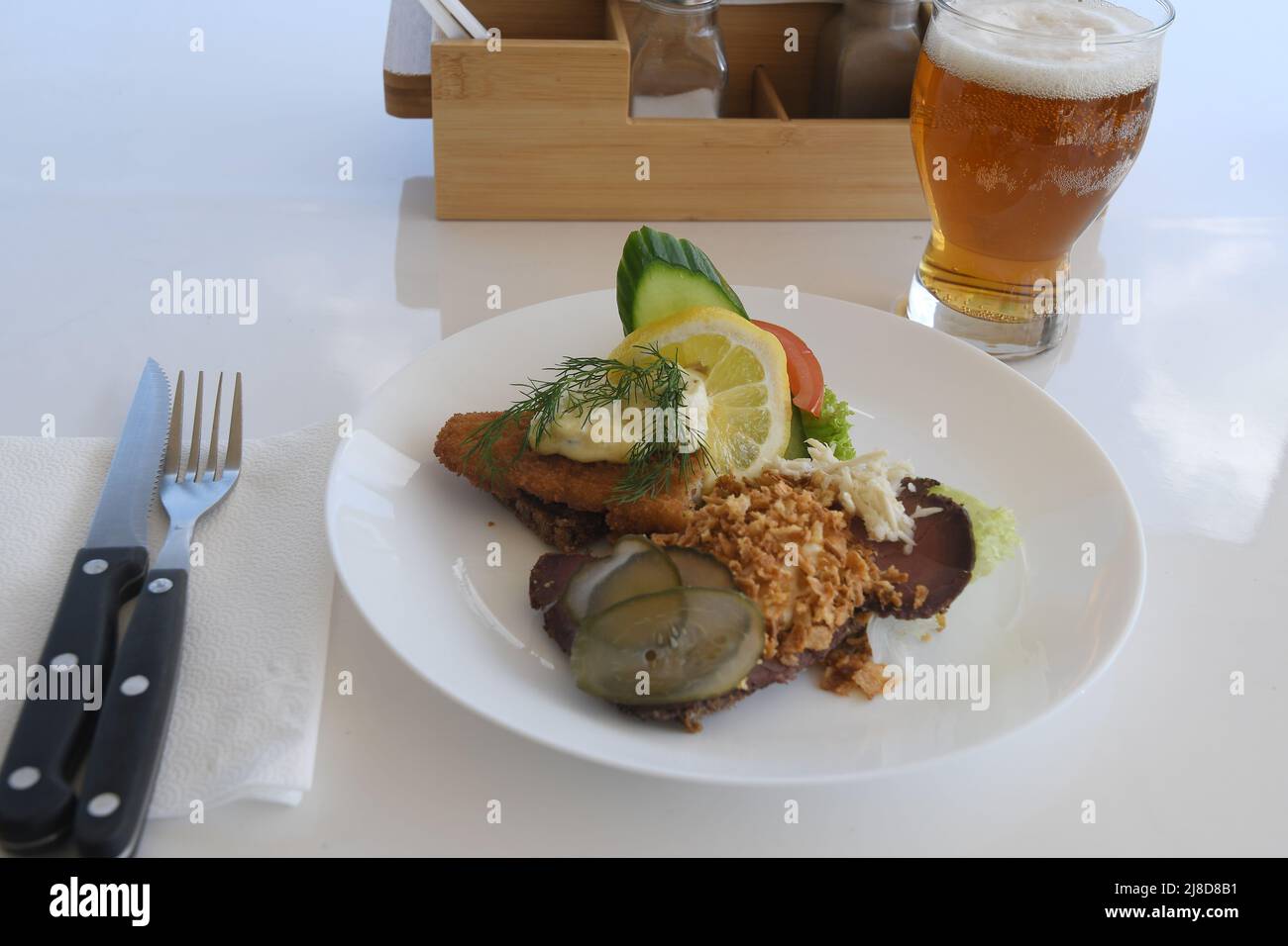 Copenhagen/Denmark/15 May 2022/.Danish lunch cold open sandwichs roast ...