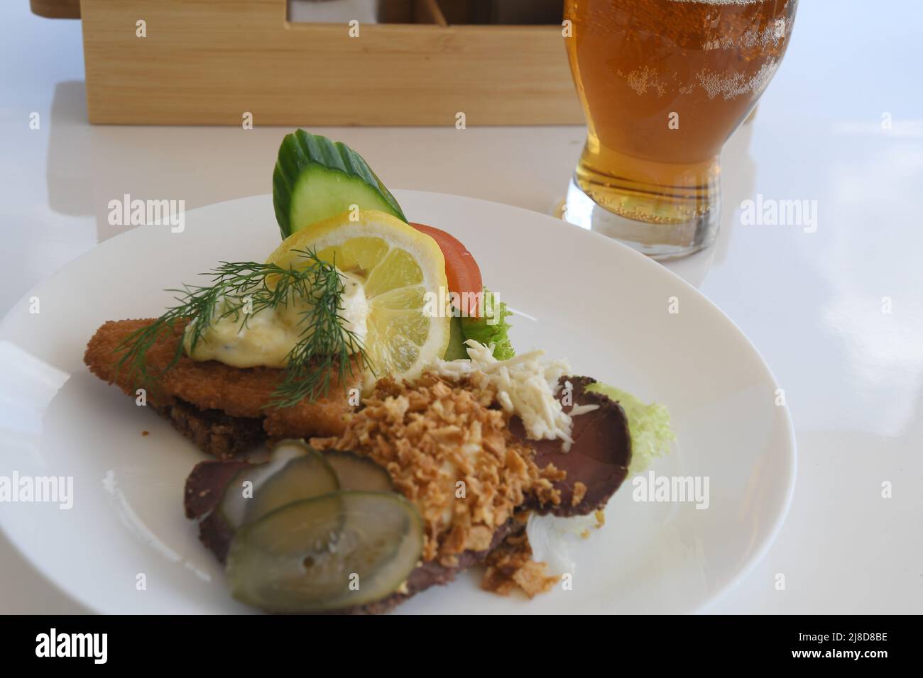 Copenhagen/Denmark/15 May 2022/.Danish lunch cold open sandwichs roast ...