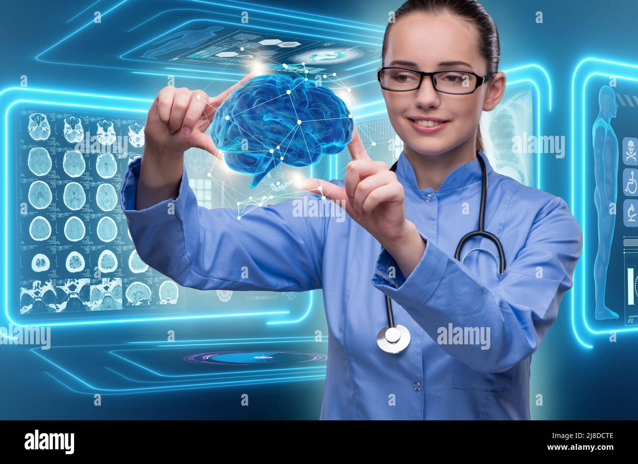 The female doctor with the brain in medical concept Stock Photo - Alamy