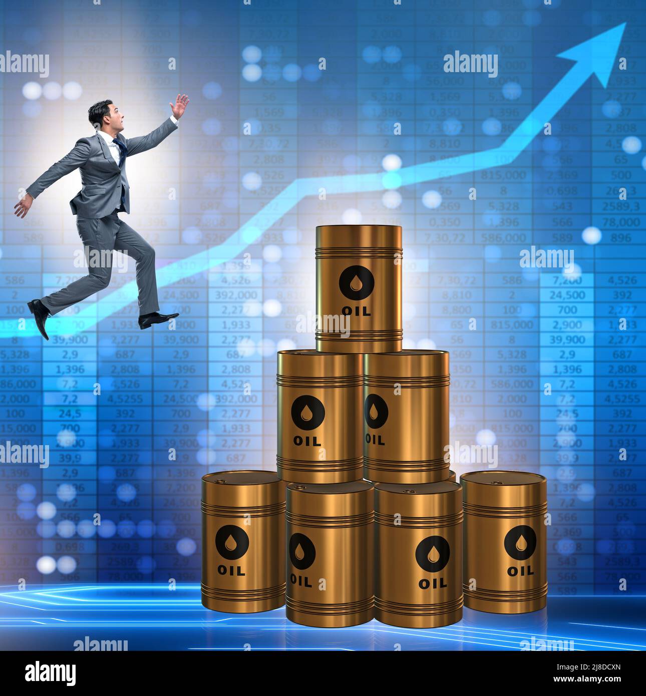 The businessman jumping from stack of oil barrels Stock Photo - Alamy