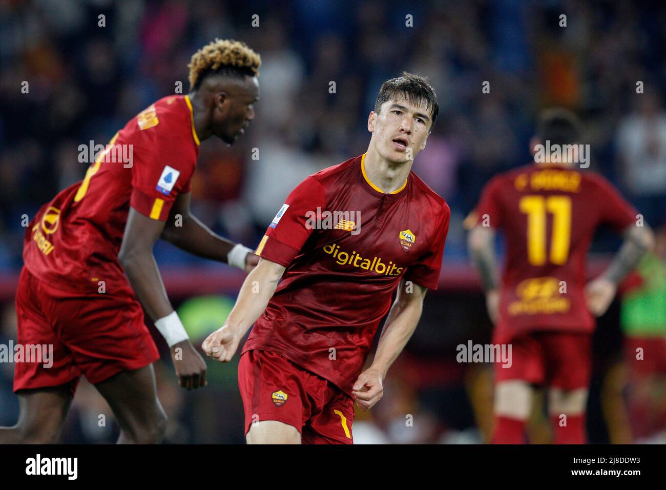Rome, Italy, 14 May, 2022. Eldor Shomurodov, of AS Roma, celebrates ...