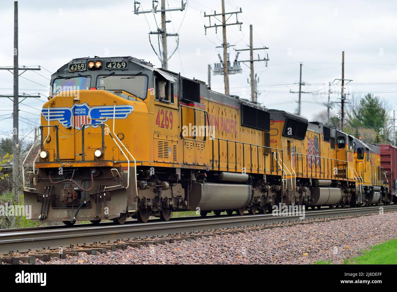 Geneva, Illinois, USA. Three locomotives lead a Union Pacific Railroad ...