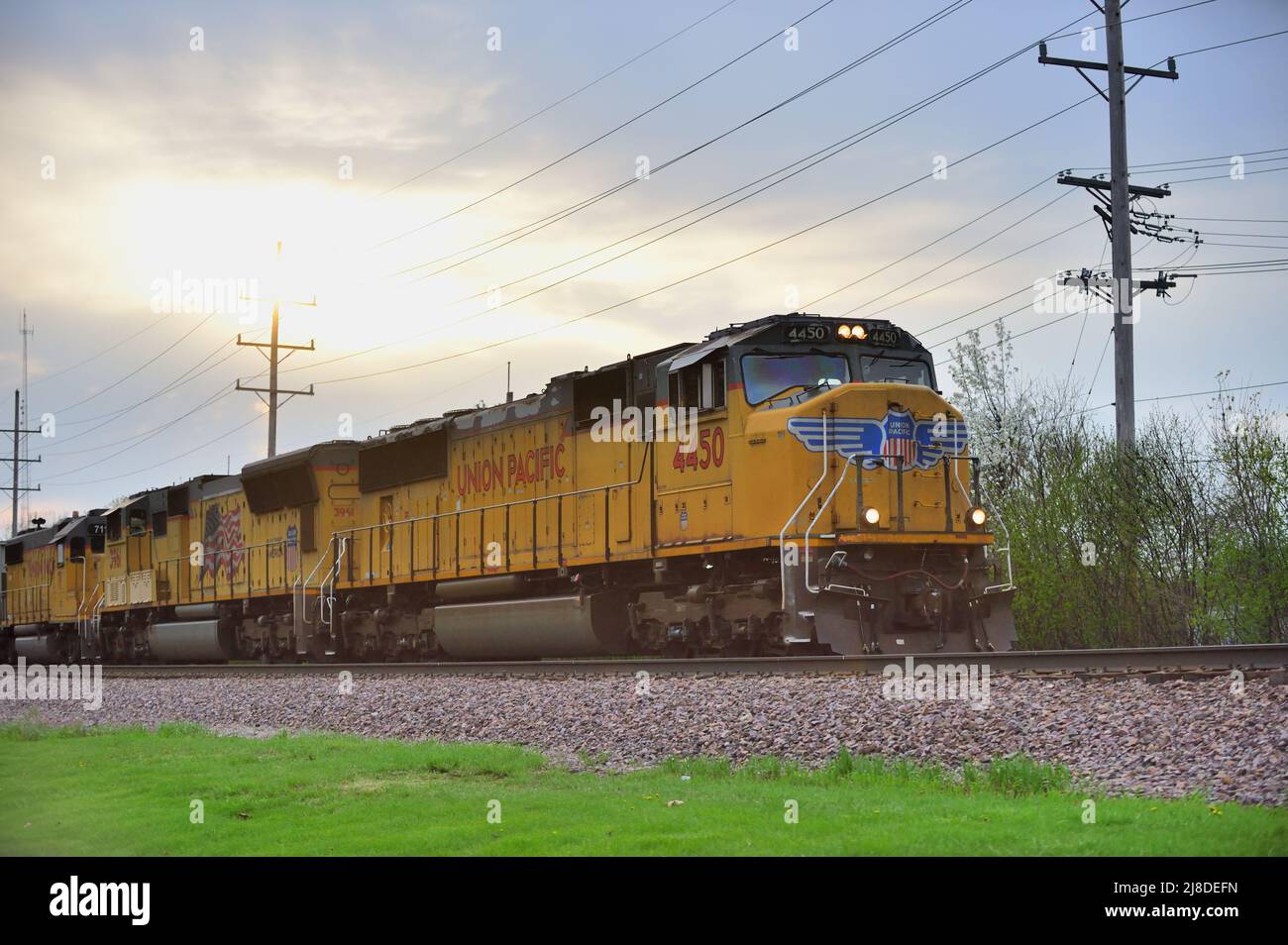 Geneva, Illinois, USA. Three locomotives lead a Union Pacific Railroad ...
