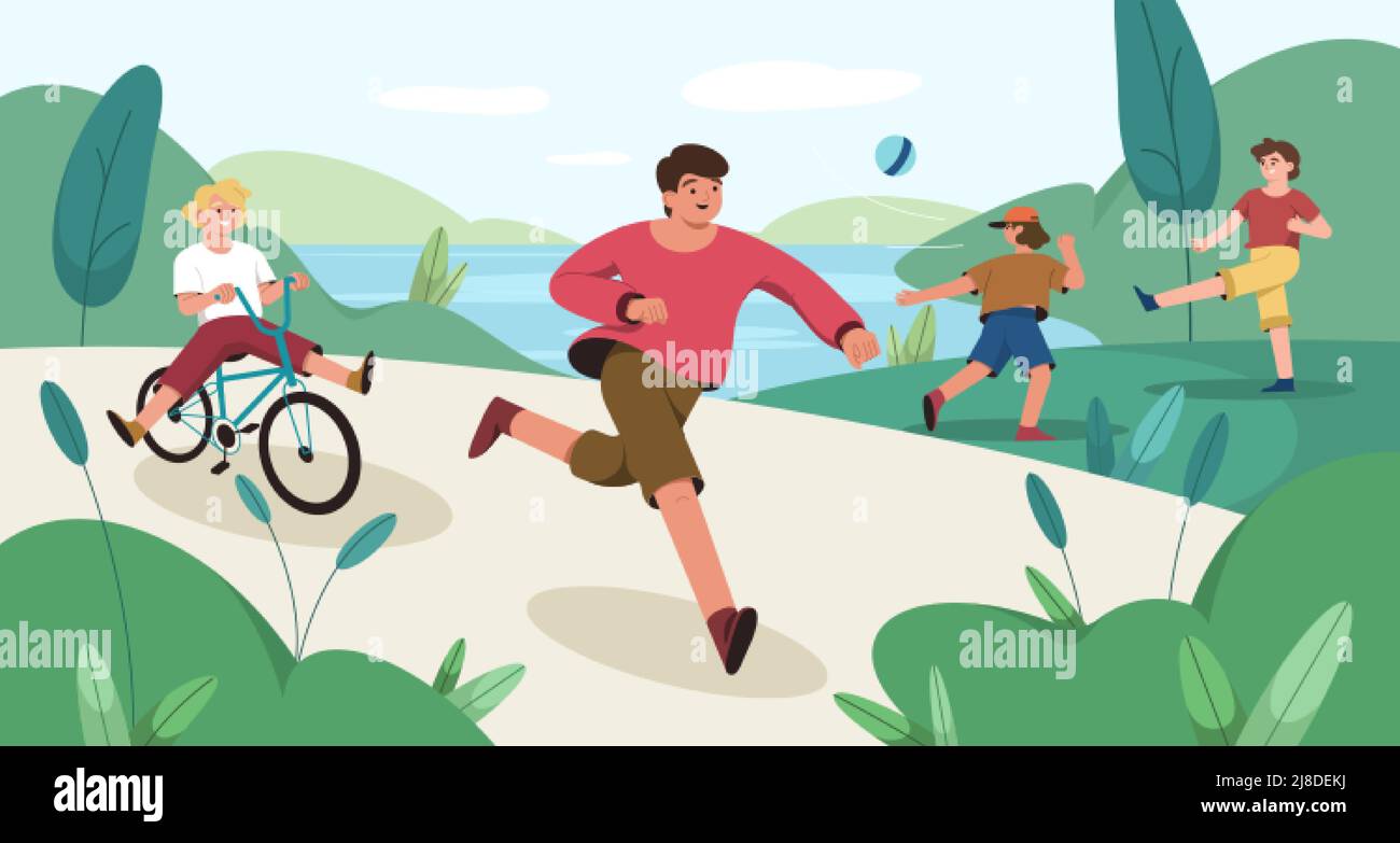 Happy children play in public park. Kids riding a bicycle and running ...