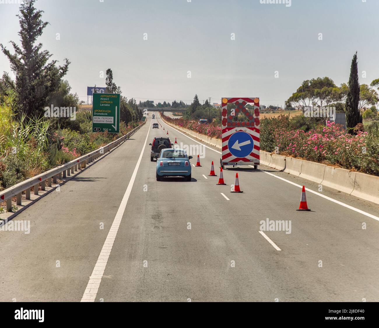 Larnaca, Cyprus - May 31, 2021: Roadworks sign on highway for the ...