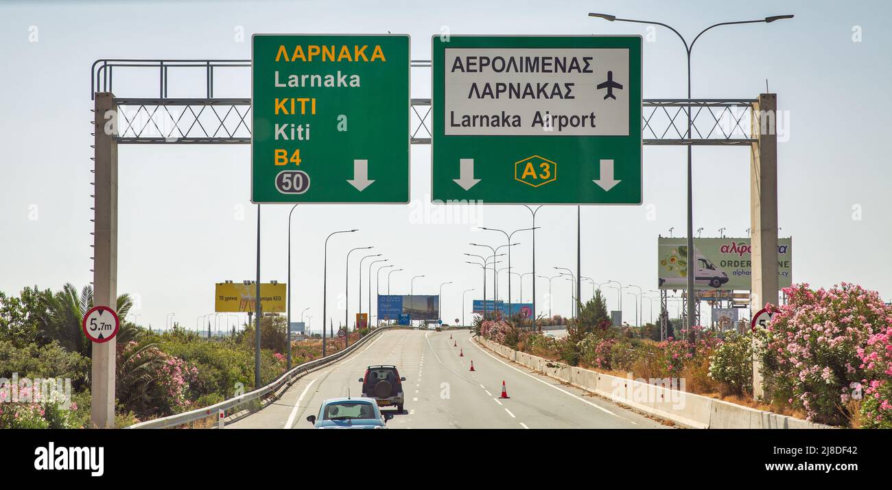 Larnaca, Cyprus - May 31, 2021: Highway road sign for the city and ...