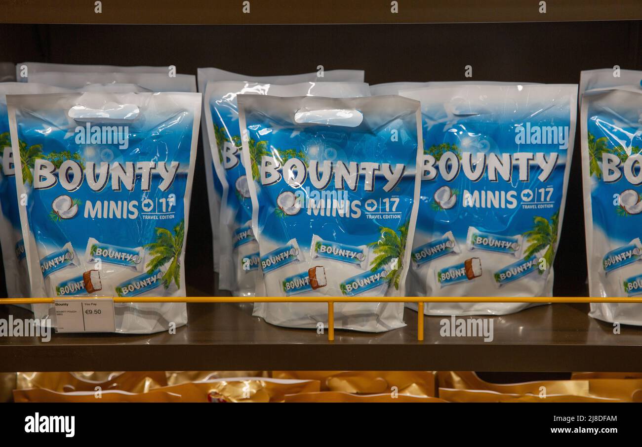 Larnaca, Cyprus - May 31, 2021: Bounty minis travel edition in duty ...