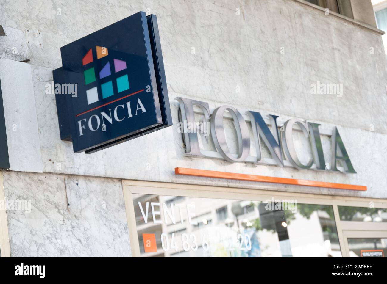 A shop sign of FONCIA, on May 15, 2022 in Cannes, France. Photo by ...