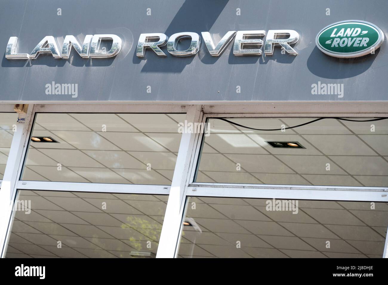 A shop sign of LAND ROVER, on May 15, 2022 in Cannes, France. Photo by ...