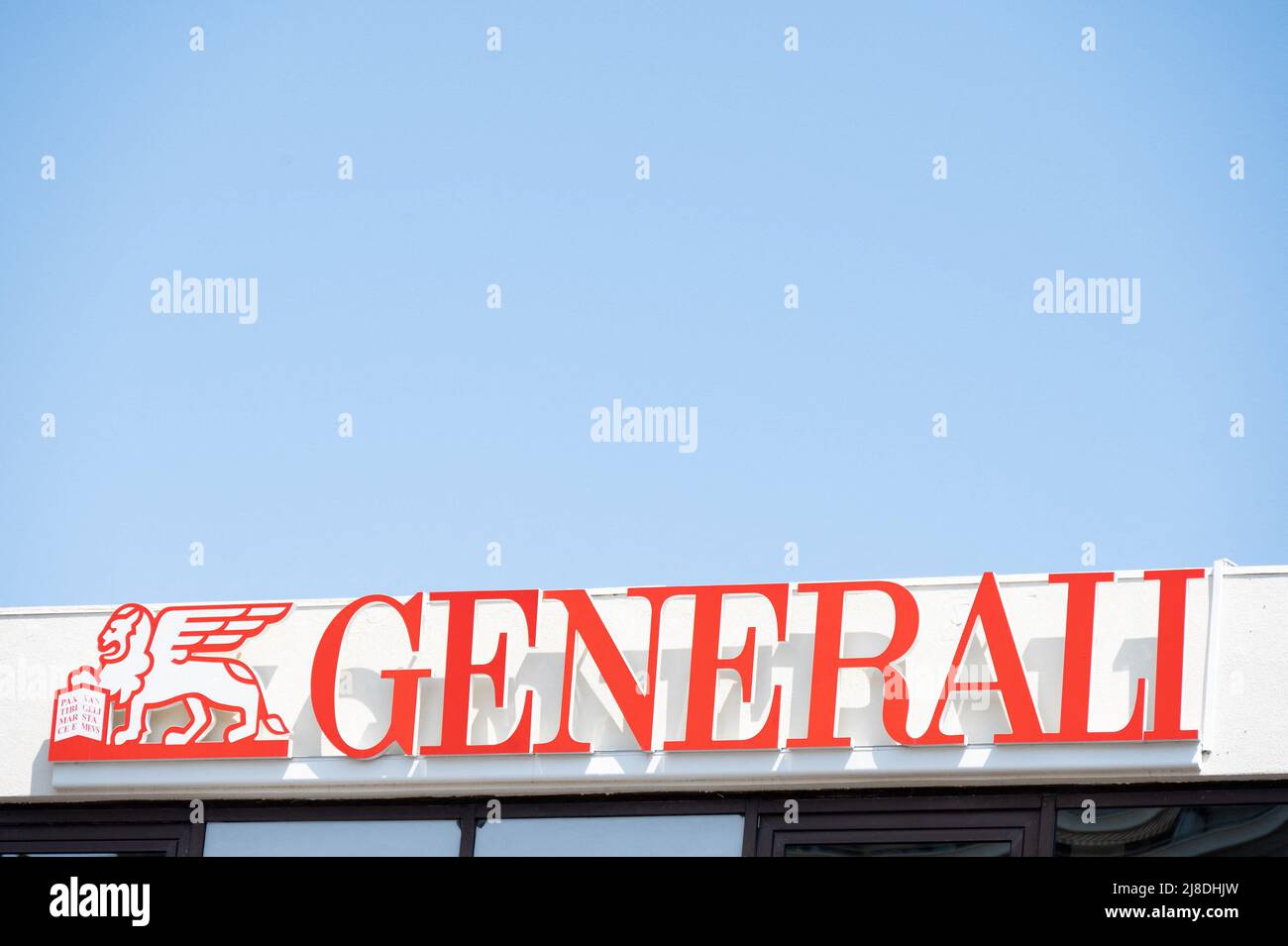 A shop sign of GENERALI, on May 15, 2022 in Cannes, France. Photo by ...