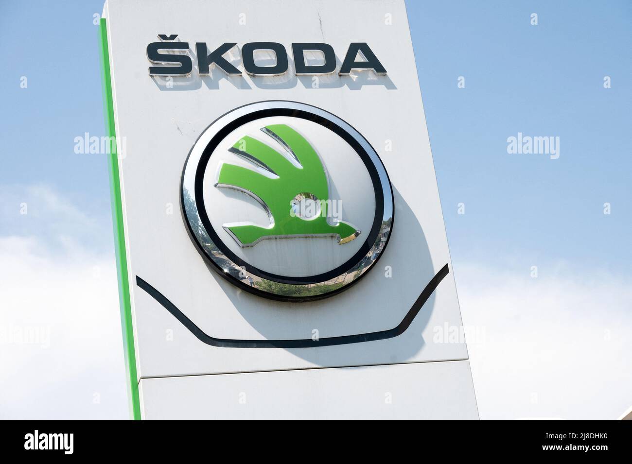 A shop sign of SKODA, on May 15, 2022 in Cannes, France. Photo by David ...