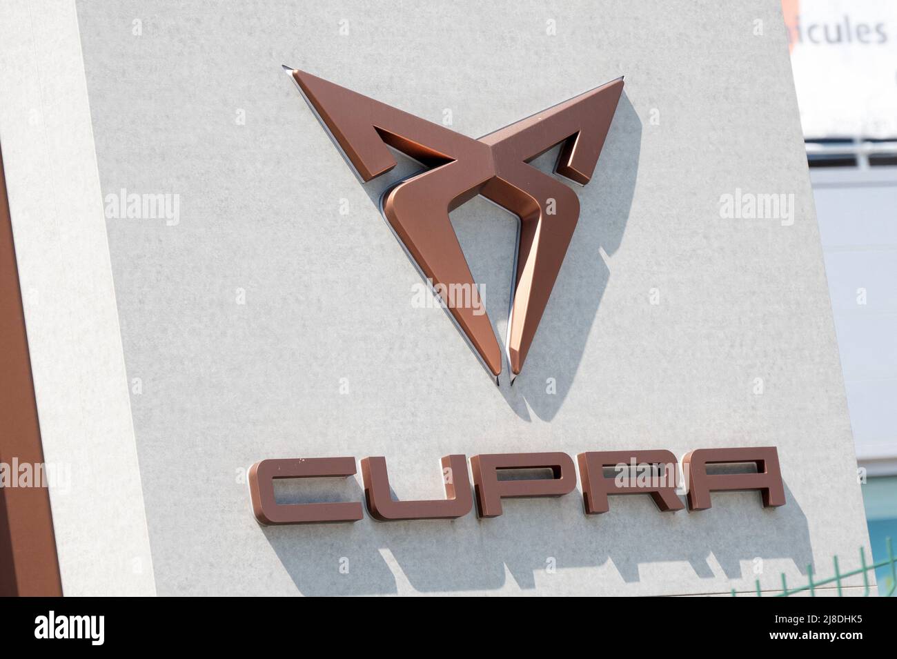 A shop sign of CUPRA, on May 15, 2022 in Cannes, France. Photo by David ...