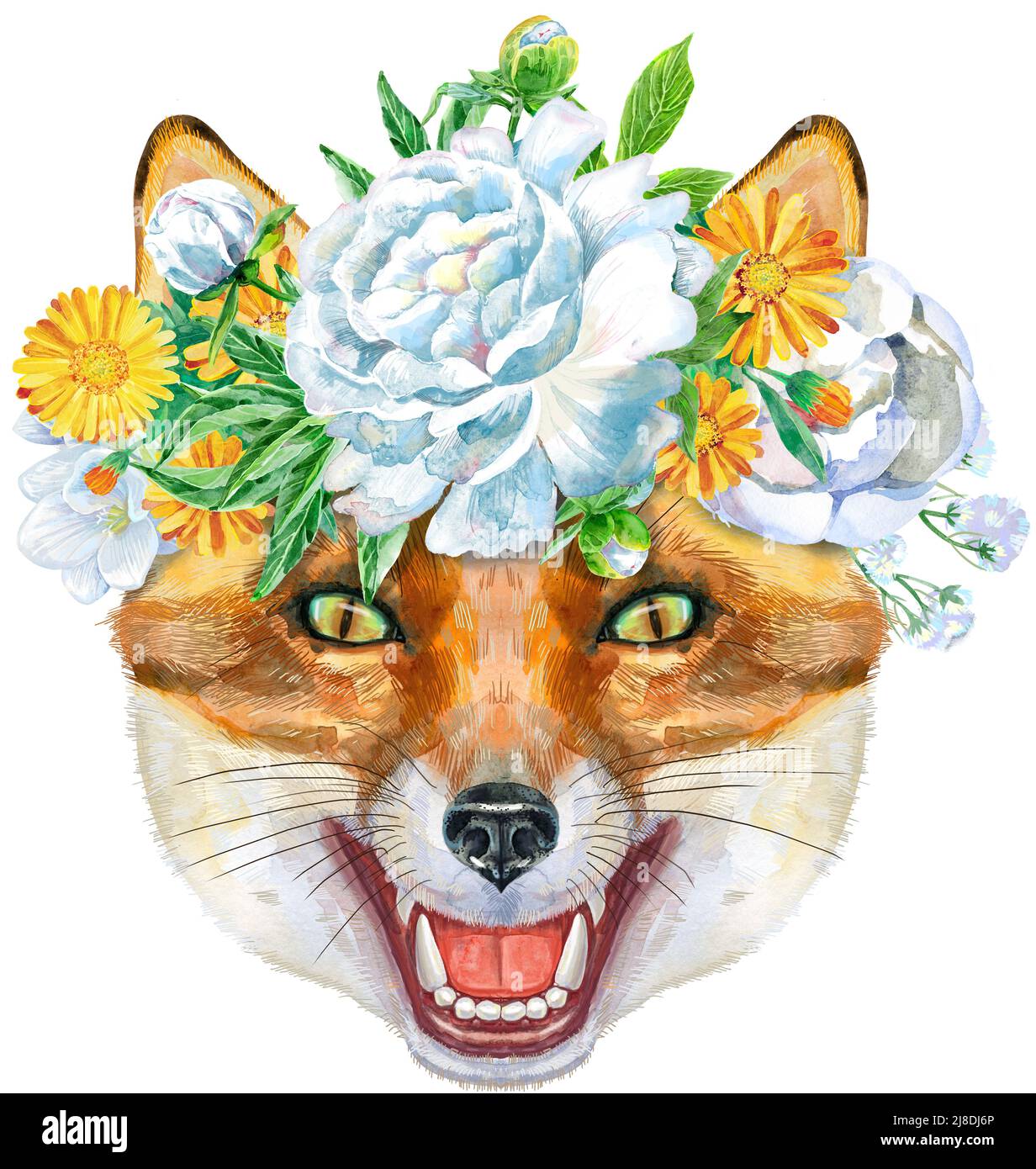 Fox portrait in a wreath of flowers. Watercolor orange fox painting ...