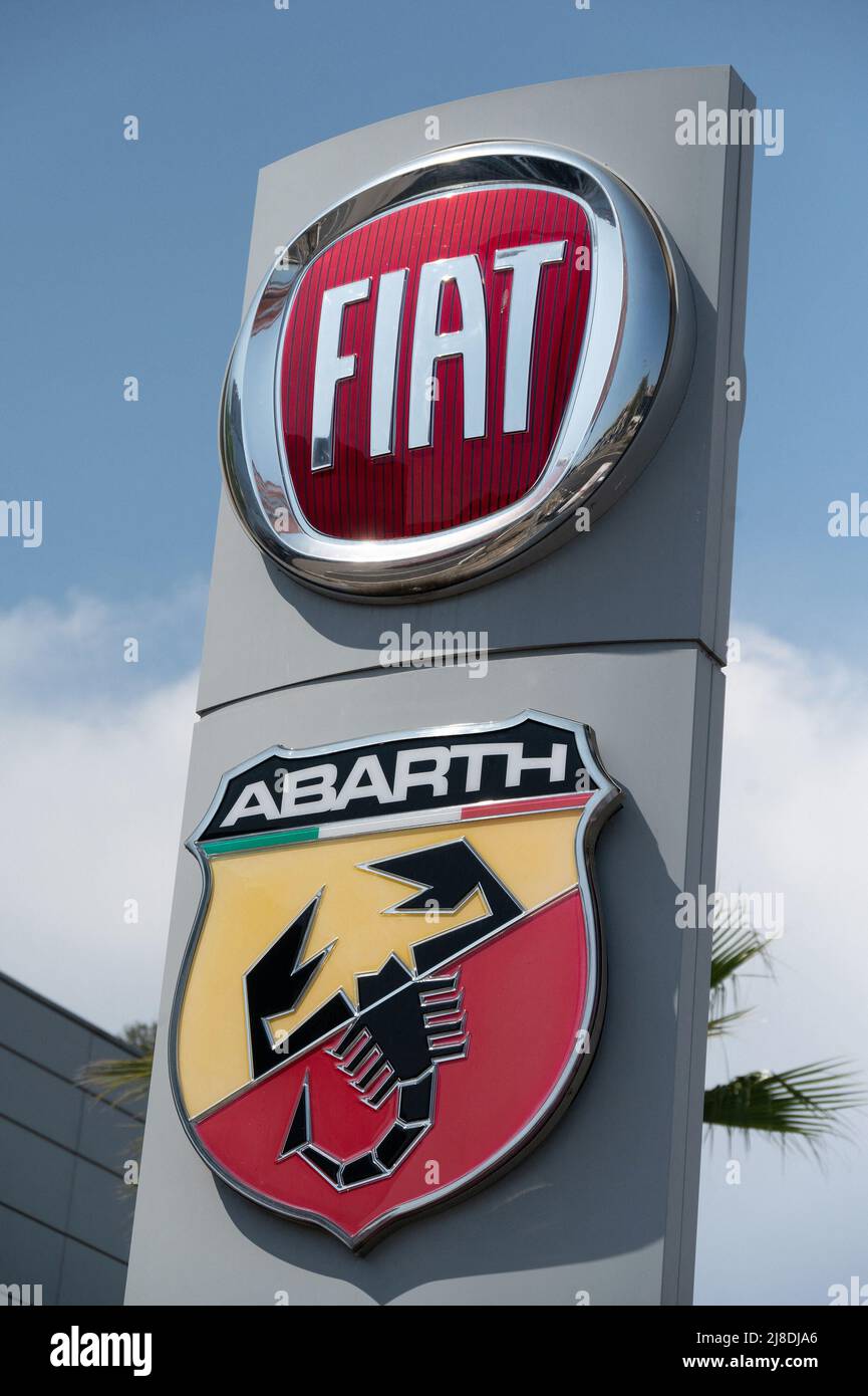A shop sign of FIAT, ABARTH, on May 15, 2022 in Cannes, France. Photo ...