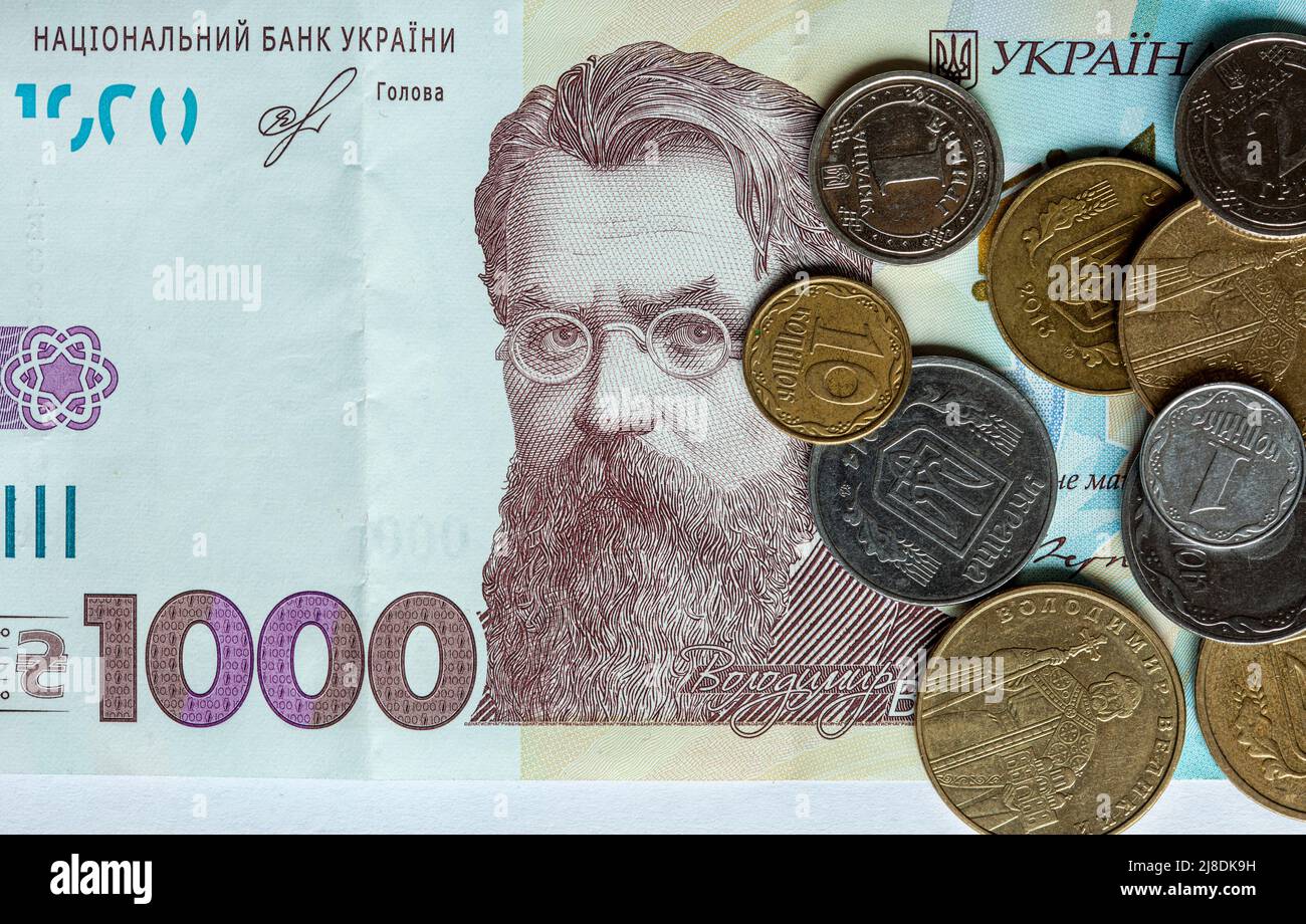 Ukrainian money, banknotes and coins different value Stock Photo - Alamy
