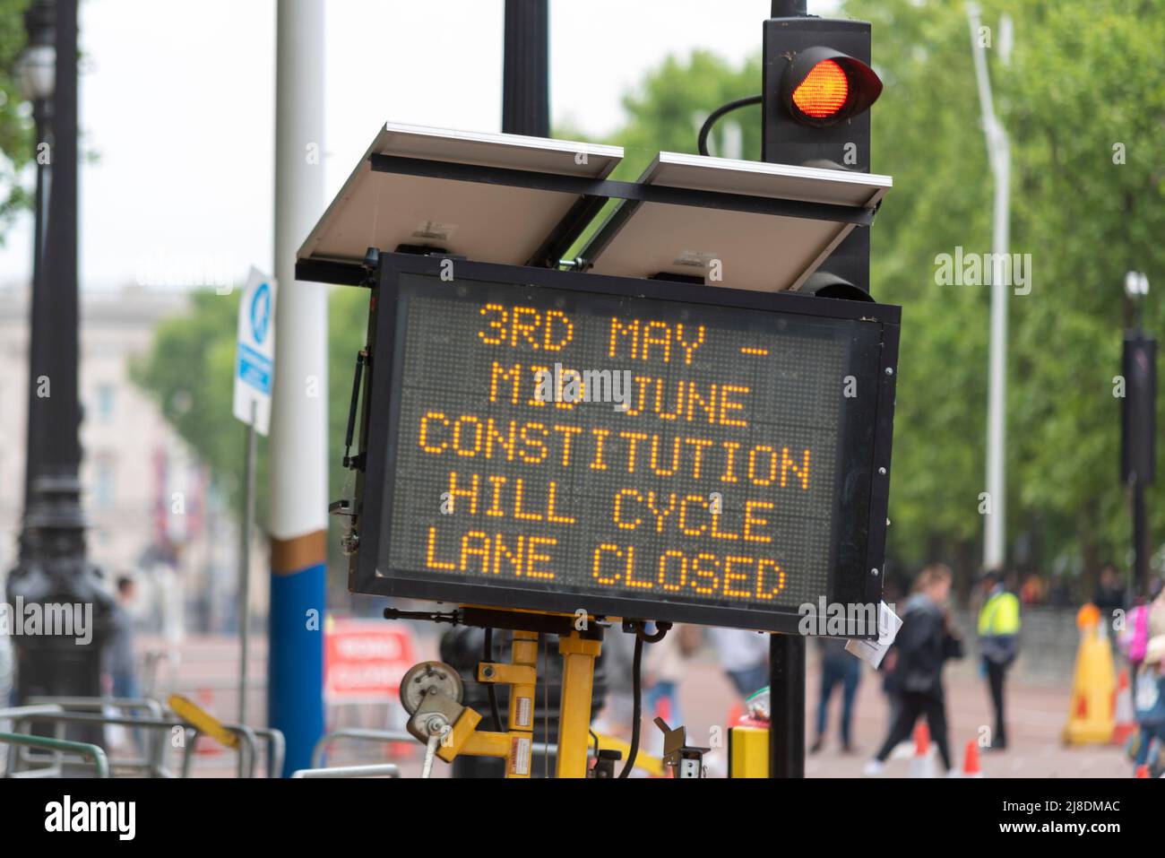 Sign warning of closure of Constitution Hill cycle lane due to Queen's ...