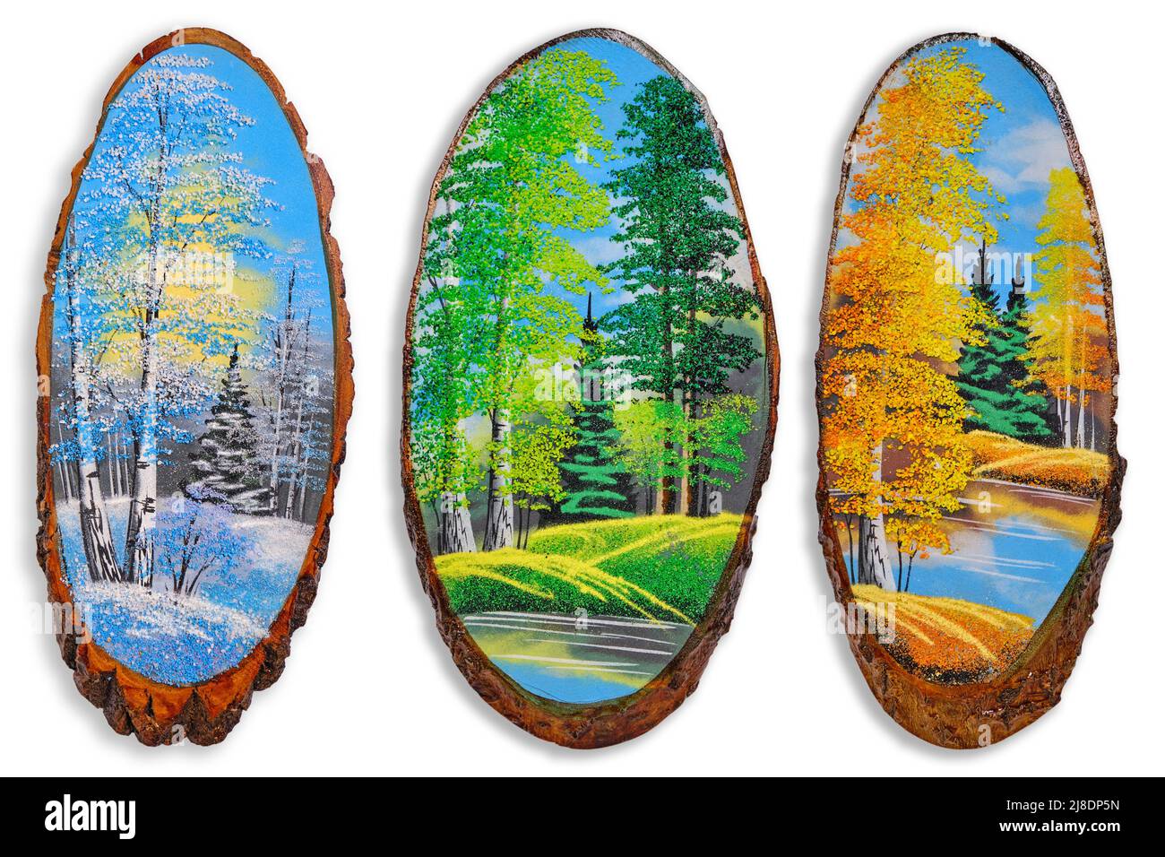 Three art paintings with three seasons, winter, summer and autumn ...
