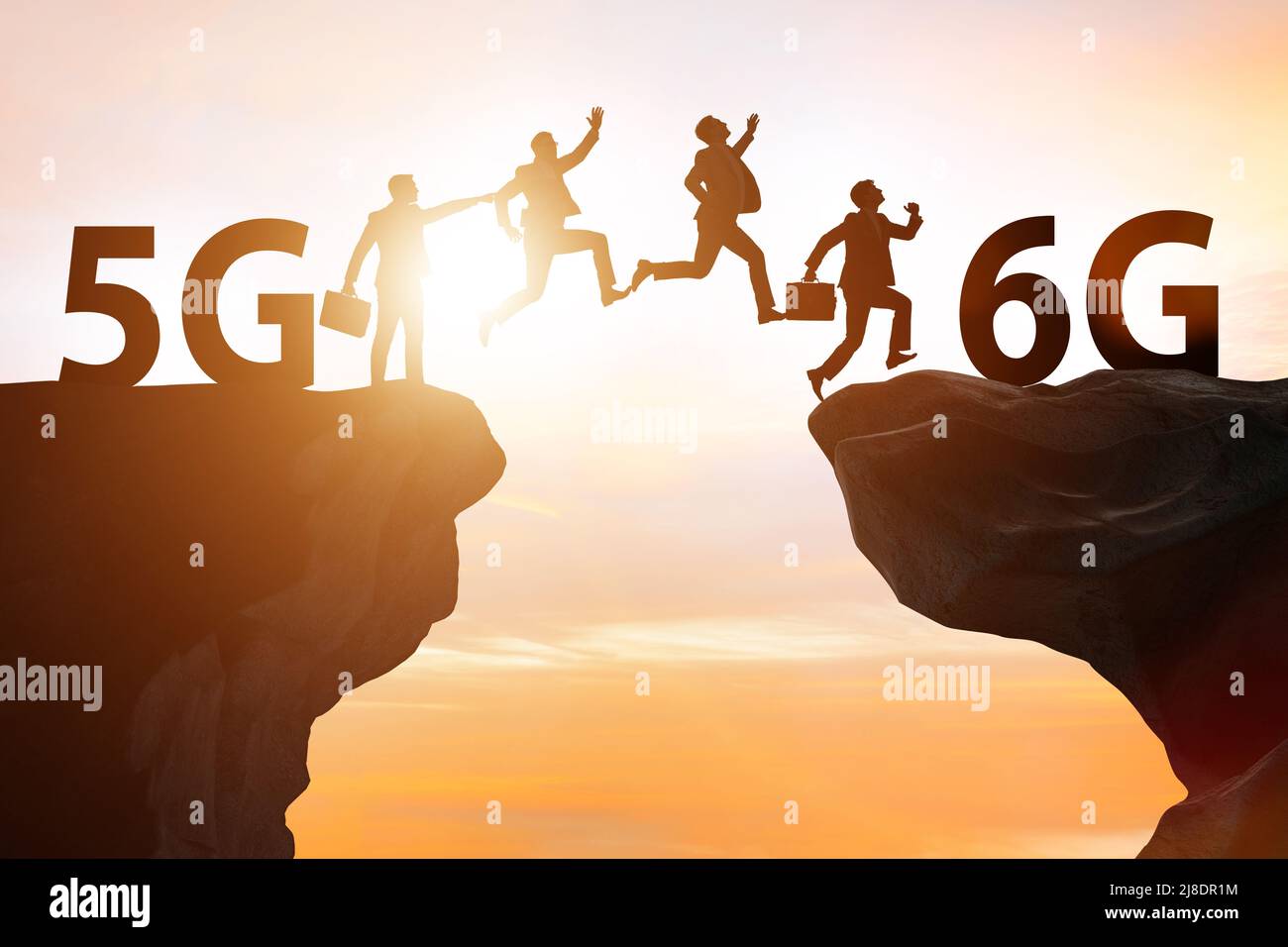 Concept of moving from 5g technology to 6g with jumping people Stock ...