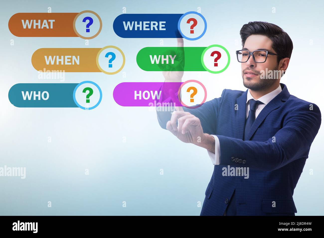 Concept of many different questions asked with the businessman Stock ...