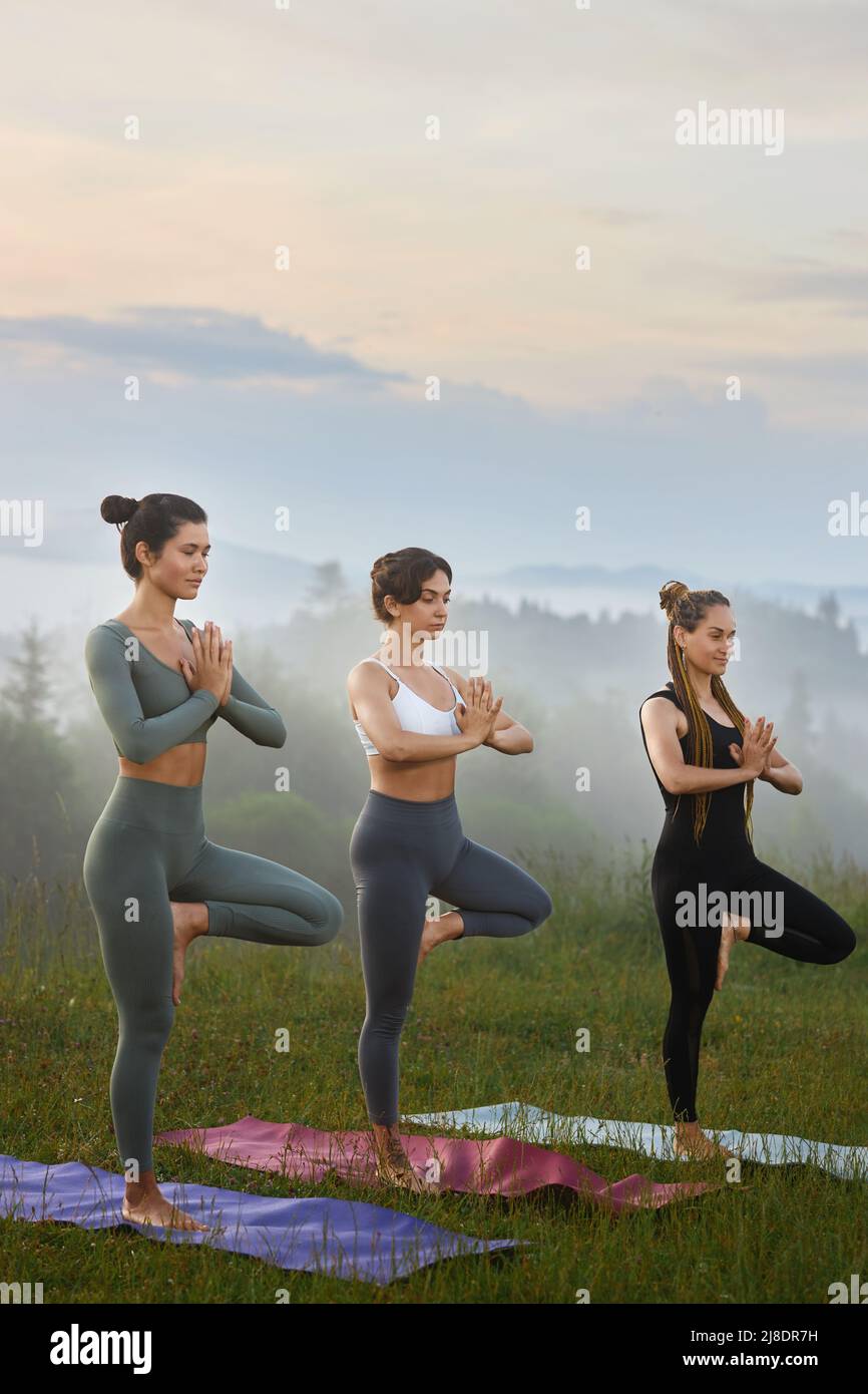 Side view of young interracial female practicing yoga, bending one leg ...
